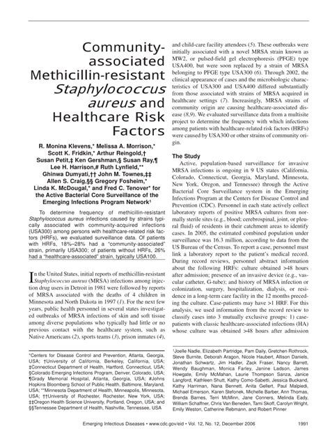 Pdf Community Associated Methicillin Resistant Staphylococcus Aureus And Healthcare Risk Factors