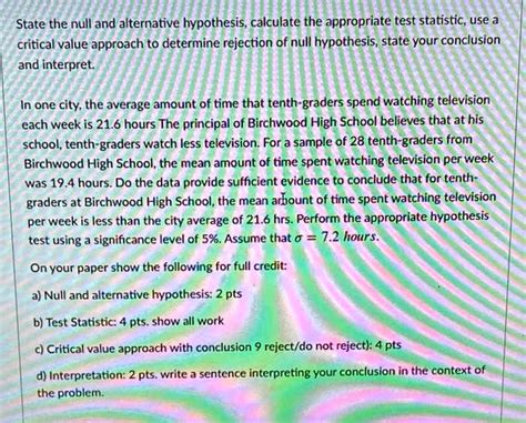 State The Null And Alternative Hypothesis Calculate The Appropriate