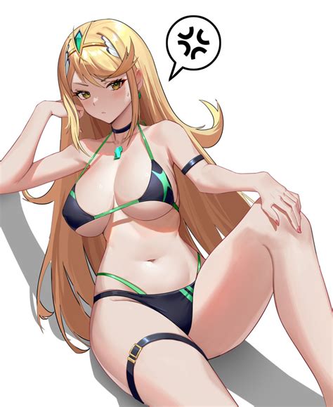 Rule 34 Angry Bikini Hand On Ankle Hand On Head Large Breasts Mythra Northman Sitting Solo