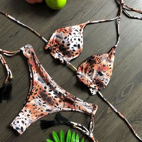 Maillot De Bain Color F Sexy Culotte Tanga Soutien Gorge Push Up Col Licou Style