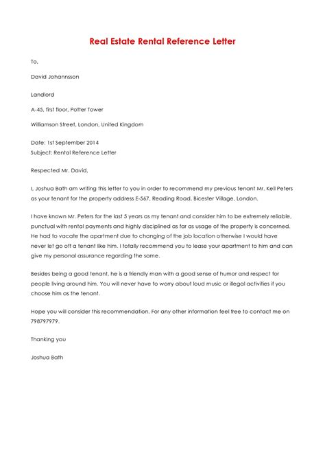 Reference Letter From Landlord Template