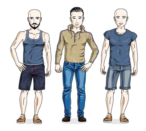 Hombres jóvenes guapos de pie con ropa informal de moda conjunto de ilustraciones vectoriales