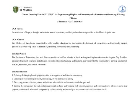 Clp Filipino 1 Content Learning Plan Course Learning Plan In Filipino 1 Pagtuturo Ng