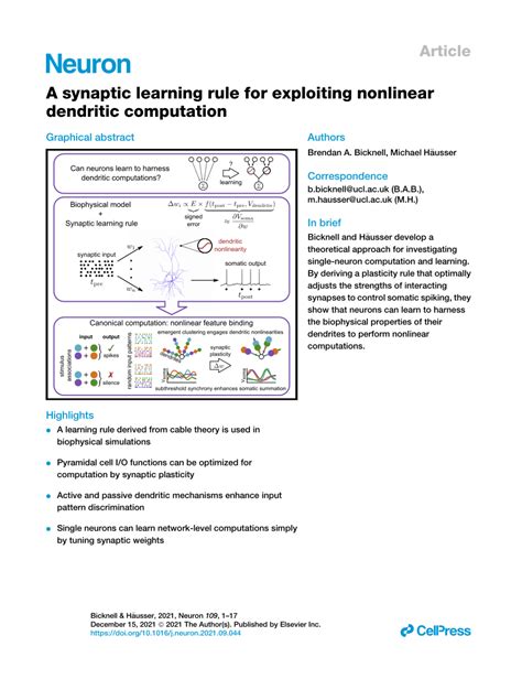 Pdf A Synaptic Learning Rule For Exploiting Nonlinear Dendritic