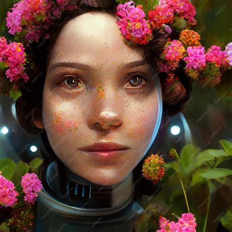 Premium Ai Image Beautiful Robotic Girl In A Garden With Flower
