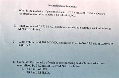 SOLVED Neutralization Reactions What Is The Molarity Of Phosphoric Acid Required To Neutralize