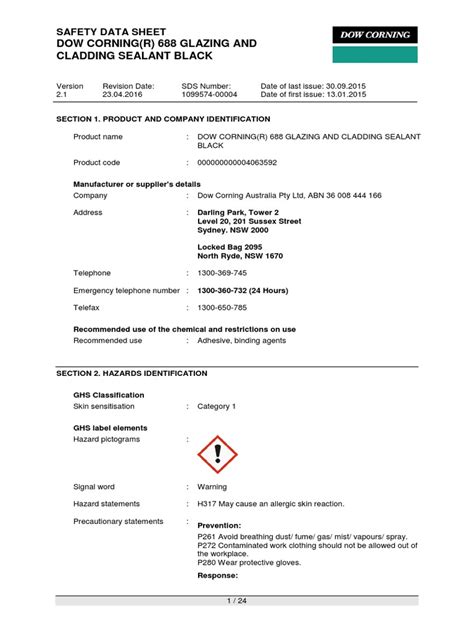 Dow Corning 688 Glazing Cladding Sealant Black Aus Sds Pdf Toxicity