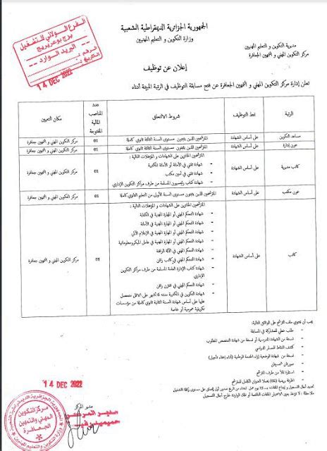 اعلان توظيف بمركز التكوين المهني والتمهين الجعافرة برج بوعريريج اخبار