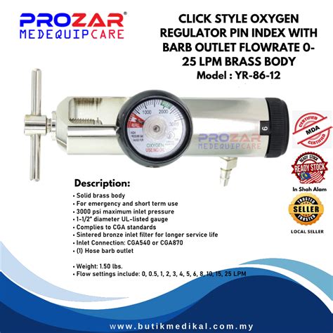 Click Style Oxygen Regulator Pin Index With Barb Outlet Flowrate 0 25 Lpm Brass Body Model Yr Click Style Oxygen Regulator Pin Index With Barb Outlet Flowrate 0 25 Lpm Brass Body Model Yr