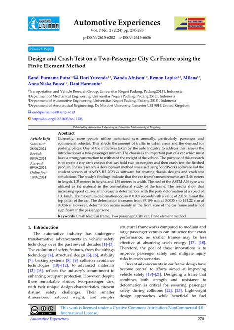 Pdf Design And Crash Test On A Two Passenger City Car Frame Using Finite Element Method