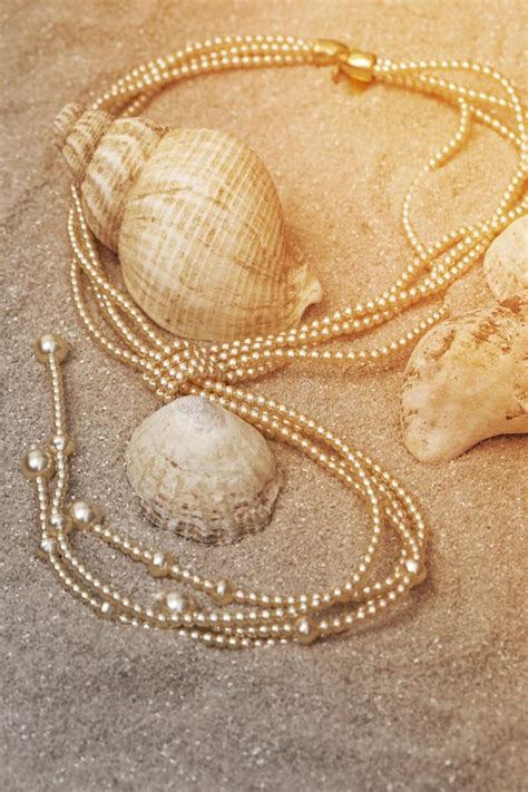 Pearl Necklace With Gold Clasp On A Sandy Beach With Shells Stock
