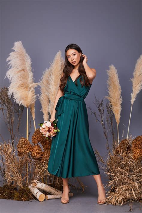 Emerald Green Satin Midi Wrap Dress Emerald Green Bridesmaid Etsy Uk
