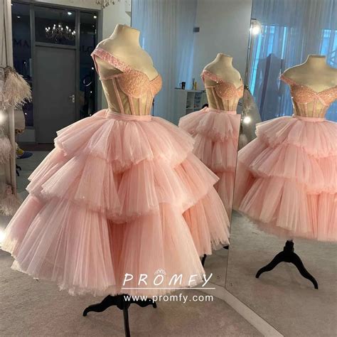 Pink Beaded Corset Tiered Tulle Midi Prom And Dance Dress Promfy