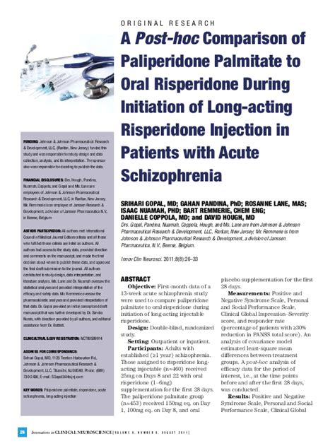 Pdf A Post Hoc Comparison Of Paliperidone Palmitate To Oral Risperidone During Initiation Of