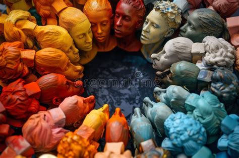 a close up of various colorful sculptures of human faces arranged in a