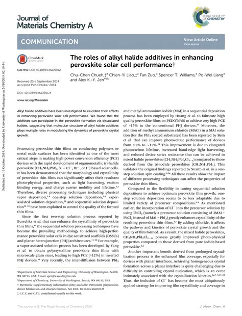 Pdf The Roles Of Alkyl Halide Additives In Enhancing Perovskite Solar Cell Performance