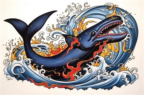 Premium Ai Image Tattoo Art Of A Whale With A Red Tail Riding A Wave