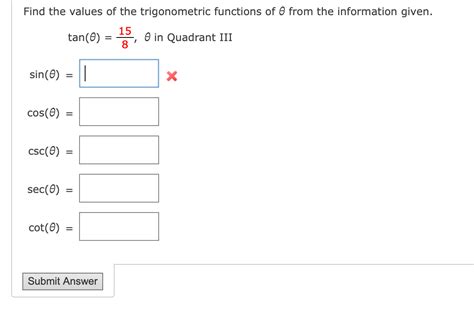 Solved Find the values of the trigonometric functions of θ Chegg