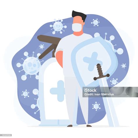 방패와 칼을 가진 흰색 양복을 입은 메딕 바이러스 분자에 둘러싸인 의료 마스크의 의사 뿌리다 플랫 스타일로 소독제 벡터