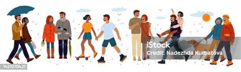 다른 날씨 걷기 사랑에 빠진 커플 계절 옷을 입은 남자와 여자 겨울과 가을 의류 봄과 여름 복장 공원에서 산책하십시오 야외 산책로 화려한 벡터 세트 가을에 대한 스톡 벡터