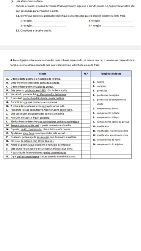 Funções sintáticas exercícios Português