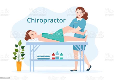 Chiropractor 플랫 만화 손으로 그린 템플릿 Osteopathy 전문가 자연 치료와 물리 치료 재활 환자의 일러스트