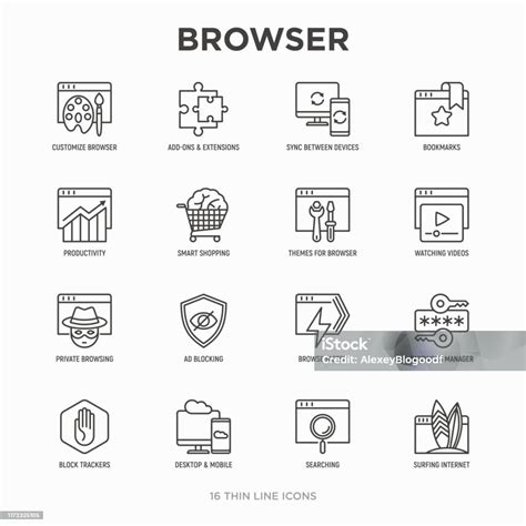 브라우저 얇은 라인 아이콘 세트 추가 기능 확장 브라우저를 사용자 정의 장치 사이의 동기화 북마크 개인 광고 차단 암호 관리자 스마트 쇼핑 서핑 인터넷 벡터 그림입니다