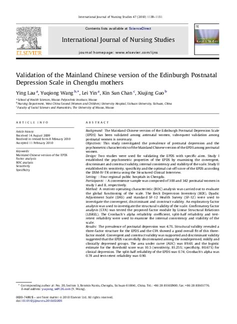Pdf Validation Of The Mainland Chinese Version Of The Edinburgh