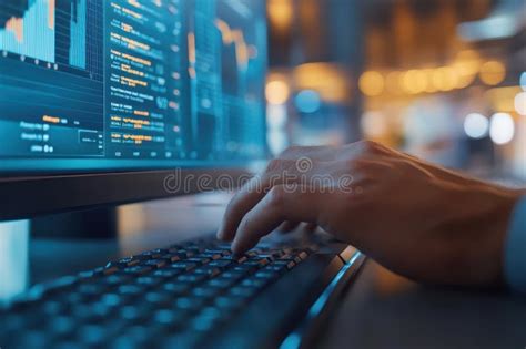 A Person Typing On A Keyboard With Data Visualizations Displayed On A Screen Stock Illustration