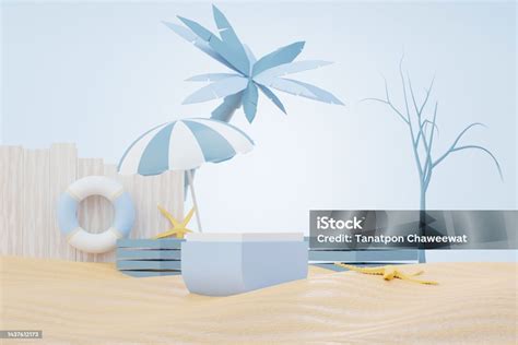 3d 렌더링 여름 판매 연단은 제품을 보여주기 위해 서 있습니다 모의를 위한 여름의 해변 휴가 장면 0명에 대한 스톡 사진 및