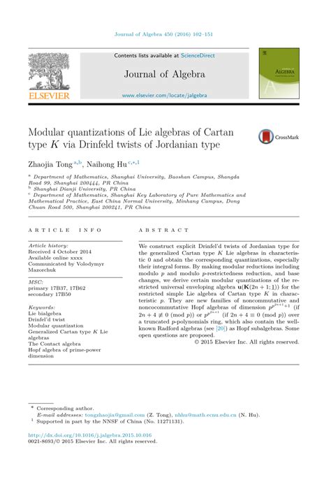 Pdf Modular Quantizations Of Lie Algebras Of Cartan Type K Via Drinfeld Twists Of Jordanian Type