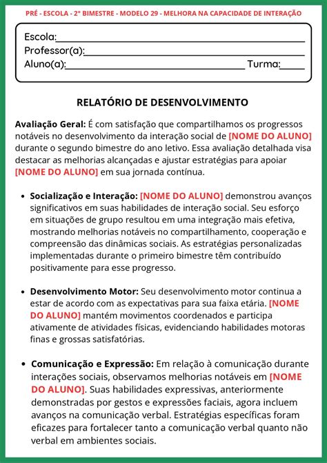 Relatório De Desenvolvimento Da Pré Escola Planos E Atividades