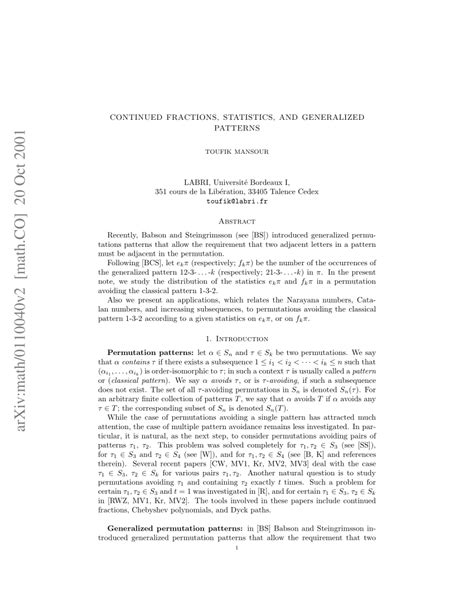 Pdf Continued Fractions Statistics And Generalized Patterns