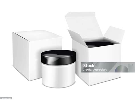 페이스 스킨케어 크림 포장 3d 모형 검은 나사 뚜껑과 빈 판지 상자가있는 둥근 흰색 화장품 항아리 사실적인 벡터 모형 미용 제품 팩 디자인을 위한 템플릿 간편한 편집 가능