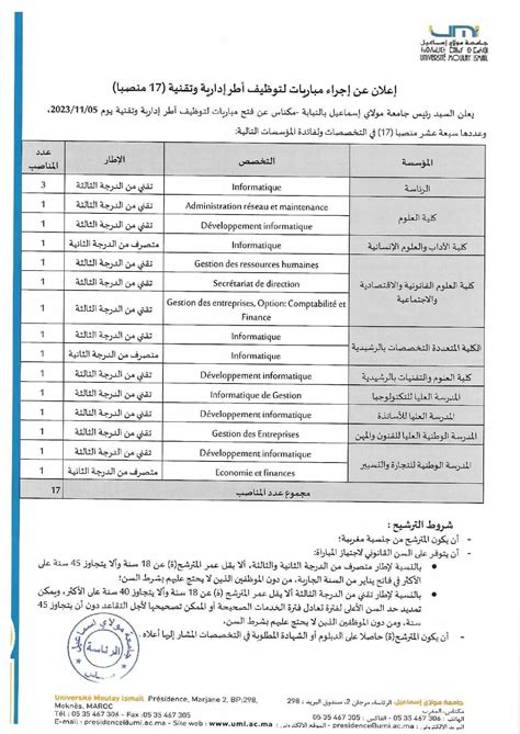 concours université moulay ismail 2023 17 postes ekhadma