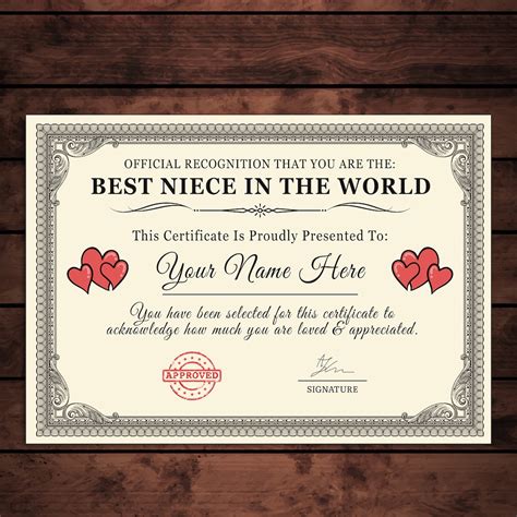Personalised Best Niece In The World Certificates T A4 Or A5