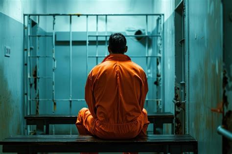 Jailed Man Dressed In Orange Jumpsuit Sit On A Bench Of A Prison Cell