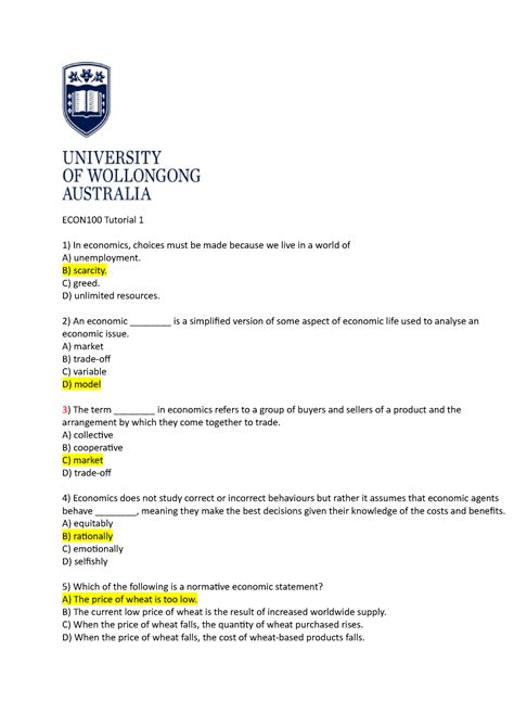 ECON100 Tutorial 1 MULTIPLE CHOICE ECON100 Tutorial 1 1 In Economics Choices Must Be Made
