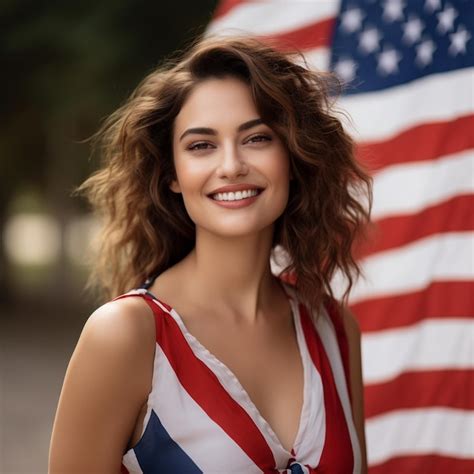 Premium Photo Patriotic Smile Girl Stands In Front Of An American