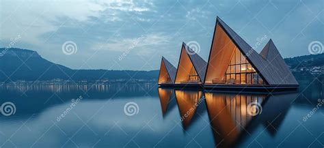 Modern Architectural Structures On Tranquil Lake Triangular Roofs Reflecting In Water Serene