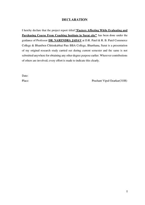 Prashantbhai Declaration I DECLARATION I Hereby Declare That The Project Report Titled