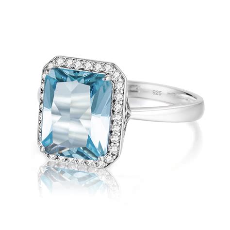 뜨거운 판매 여성을위한 우아한 아쿠아 마린 반지 925 스털링 실버 반지 유행 반지 럭셔리 파인 쥬얼리 데이트 액세서리 선물