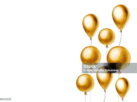 수채화 황금 프레임 끈에 호일 풍선이 있는 템플릿입니다 손으로 그린 생일과 파티 장식은 배경에 고립되어 있습니다 디자이너 인쇄물 베이비 샤워 엽서 휴일 어린이 표지를위한