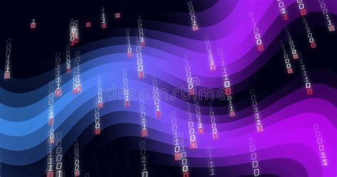 Binary Code And Data Streams Over Purple And Blue Waves Digital Image