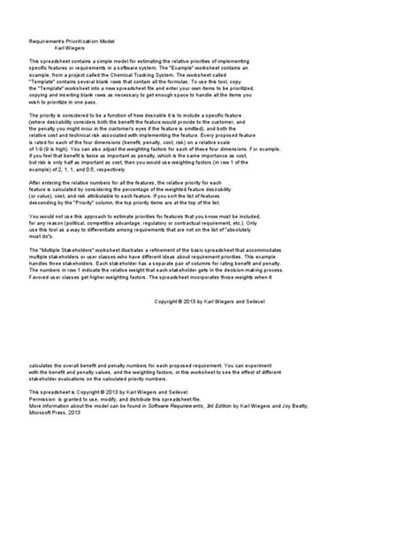 Requirements Prioritization Spreadsheet Pdf Spreadsheet Worksheet