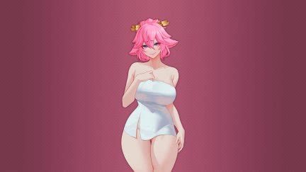 Video Game Girls Yae Miko Genshin Impact Curvy Pink Hair Boobs