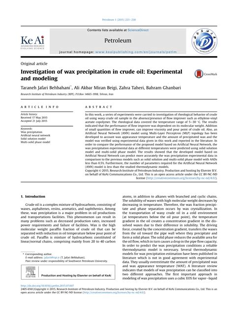 Pdf Investigation Of Wax Precipitation In Crude Oil Experimental And Modeling