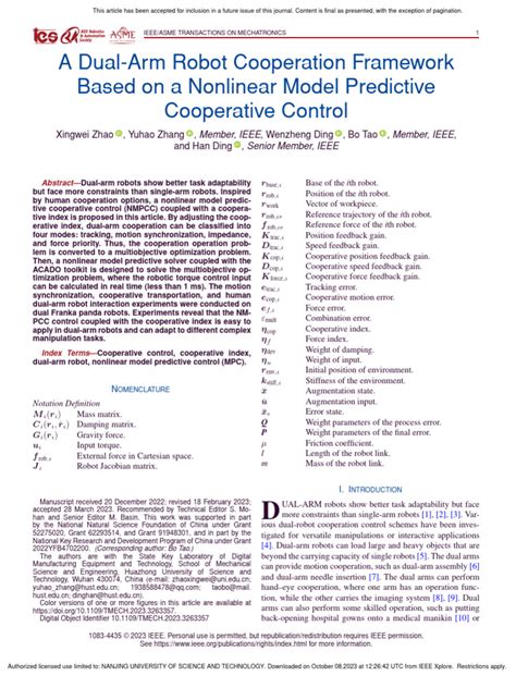 a dual arm robot cooperation framework based on a nonlinear model