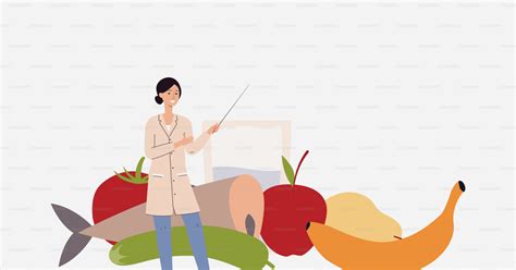 건강한 영양과 다이어트 메뉴 개념 신선한 음식 기호를 배경으로 서 있는 여성 영양사 흰색 배경에 분리된 평면 벡터 그림