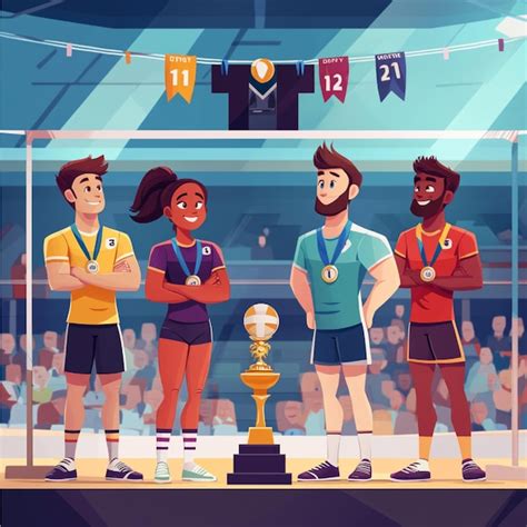 The Awards Ceremony Of A Volleyball Tournament With Medals Trophies And